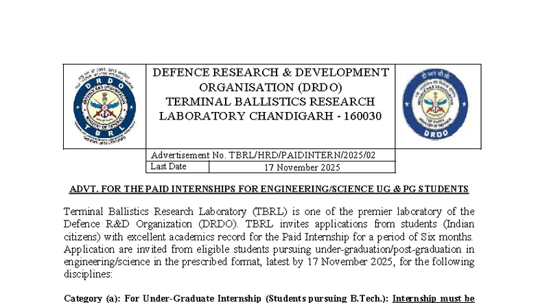Advt for Paid Internships at DRDO TBRL - Apply by Nov 17, 2025 - Studocu