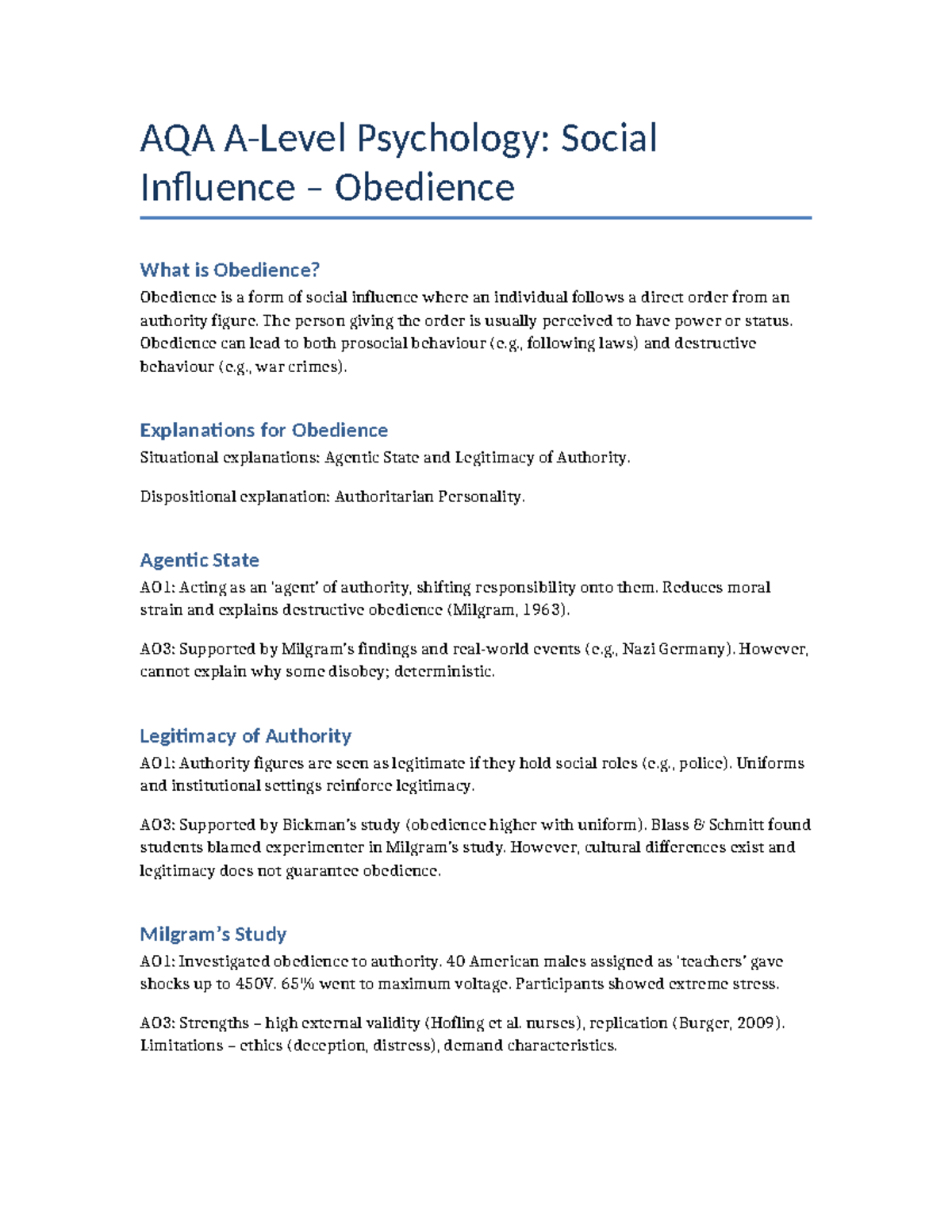 AQA Psychology: Social Influence - Obedience Study Notes - Studocu