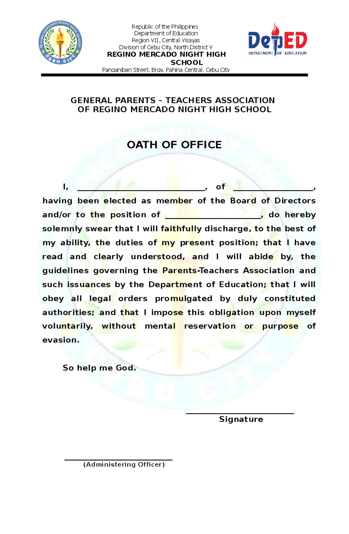 PTA Oath of Office for Regino Mercado Night High School - Studocu