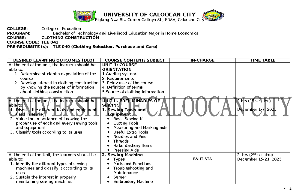 TLE 041: Clothing Construction Lecture Notes and Budget Matrix - Studocu