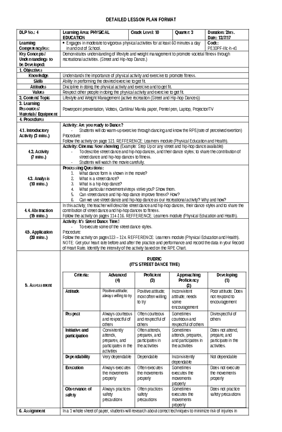 Street Dance DLP: Grade 10 Physical Education Lesson Plan - Studocu