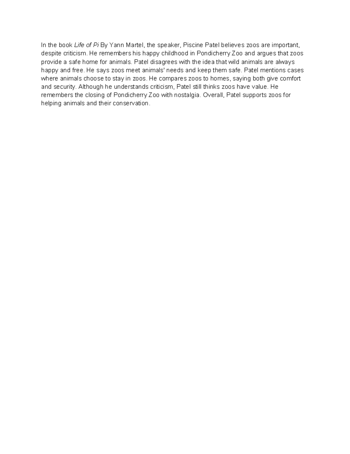 Zoo objective summary - In the book Life of Pi By Yann Martel, the ...