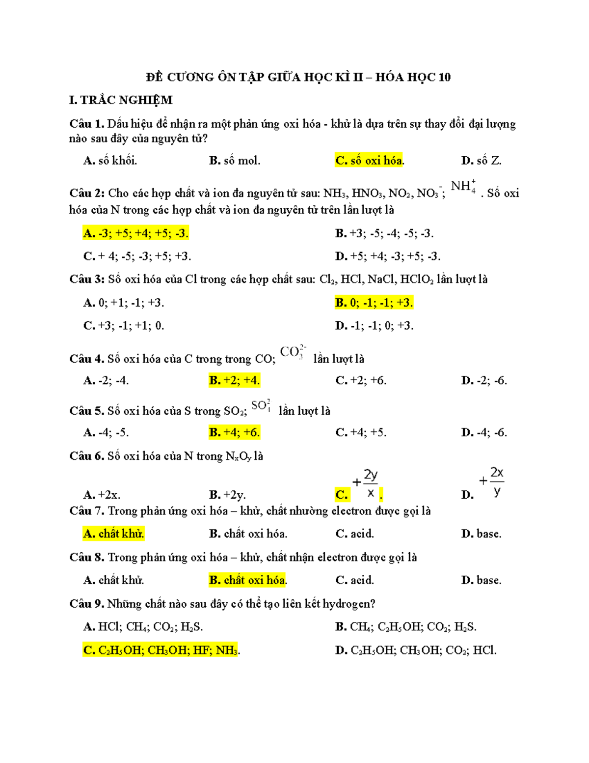 Đề cương ôn tập giữa học kỳ II Hóa Học 10 (đã sửa đổi) - Studocu