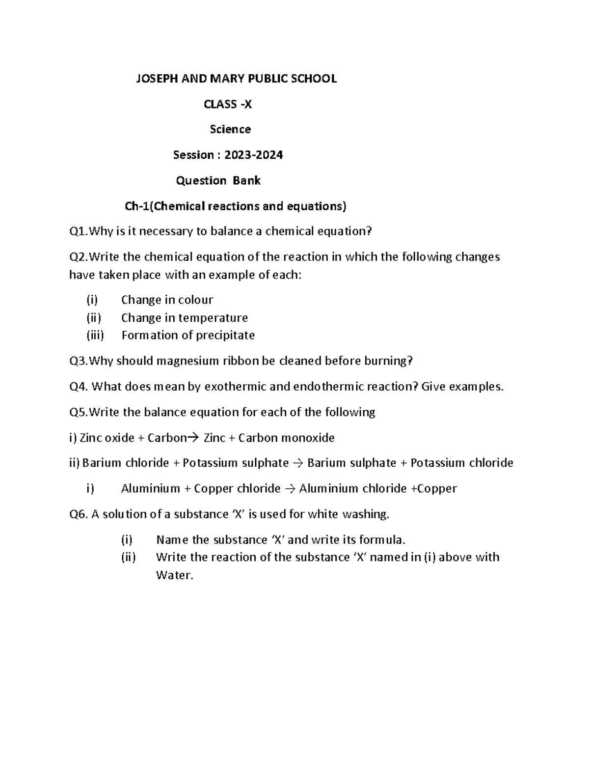Class X Science Question Bank (Chapters: Chemical Reactions & Light ...