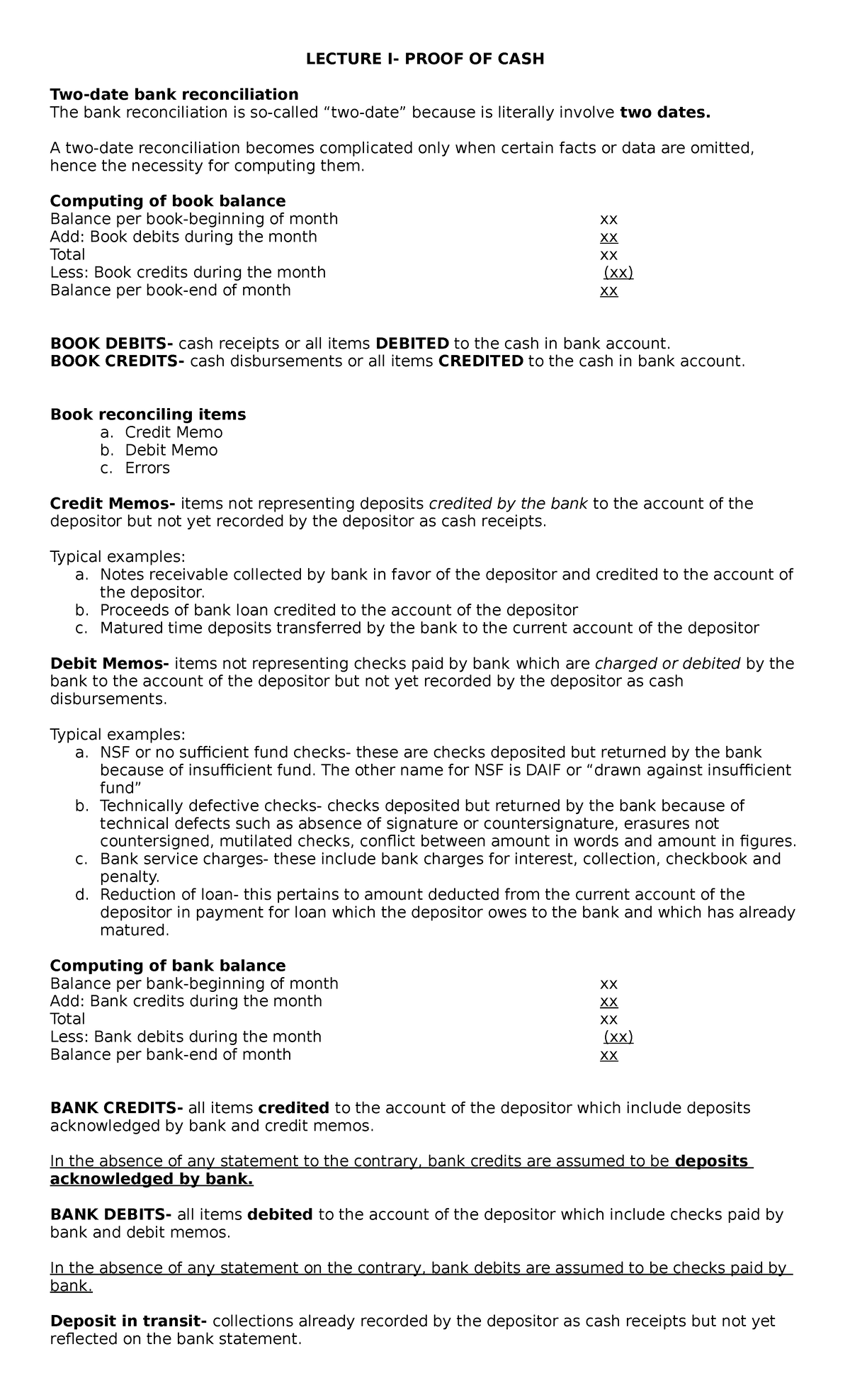 Lecture I proof of cash - LECTURE I- PROOF OF CASH Two-date bank ...
