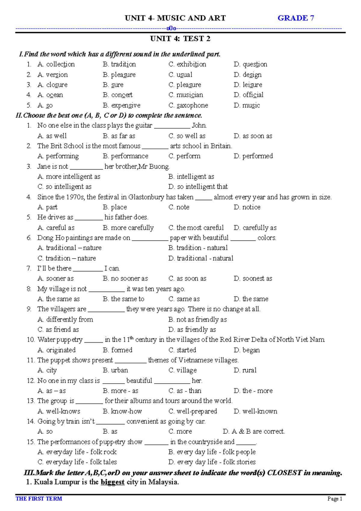 UNIT 4 - Unit 4- ANH 7 Global - UNIT 4- MUSIC AND ART GRADE 7 -o0o ...