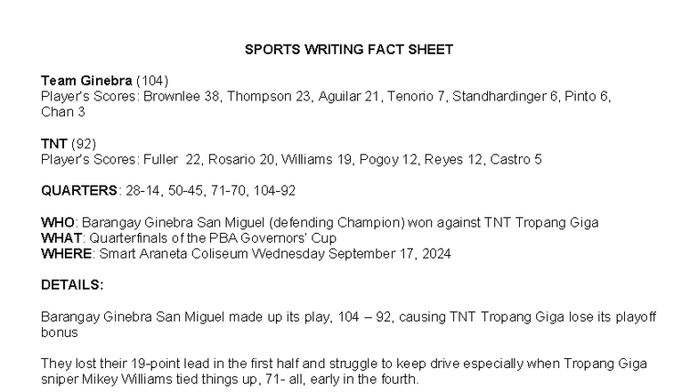 PBA Cup Quarterfinals: Ginebra vs TNT - Game Summary - Studocu