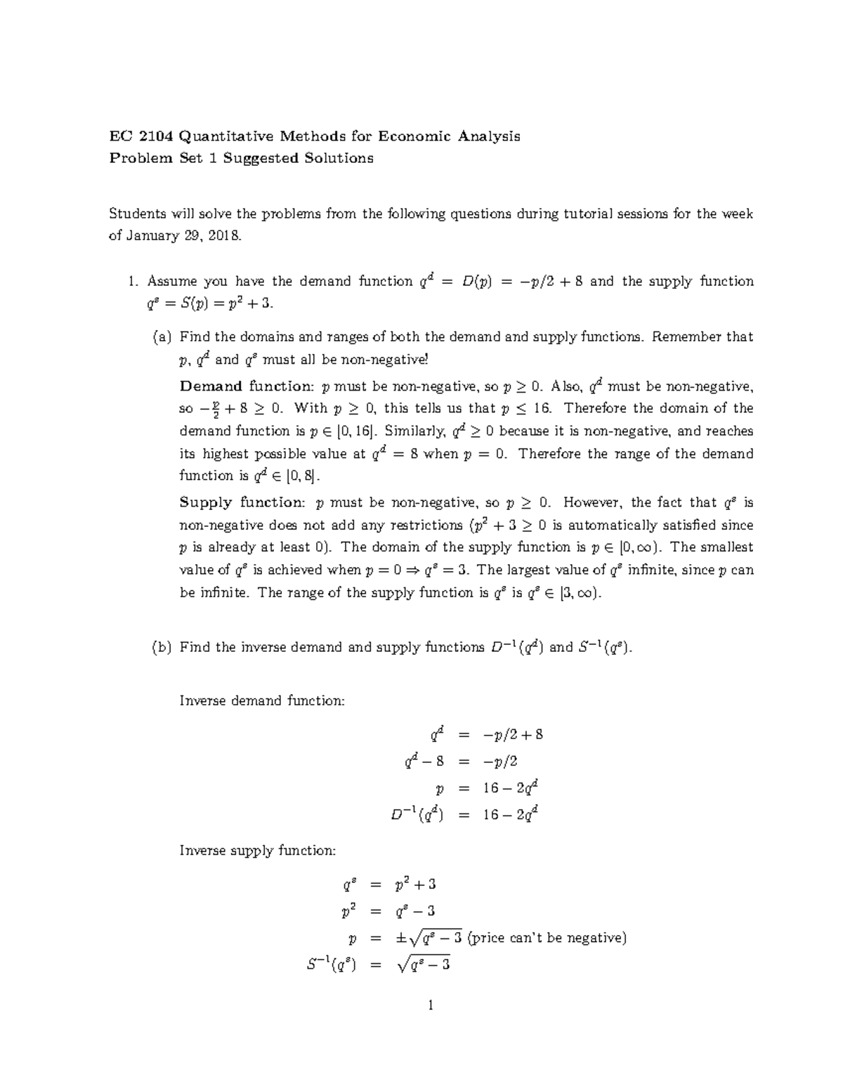 Problem Set 1 Solutions - EC 2104 Quantitative Methods for Economic Analysis Problem Set 1 ...