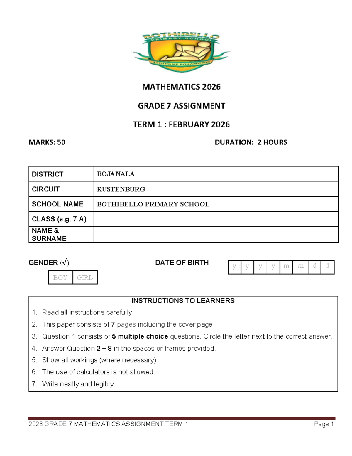MATHEMATICS 2026 GRADE 7 ASSIGNMENT TERM 1 DETAILS - Studocu