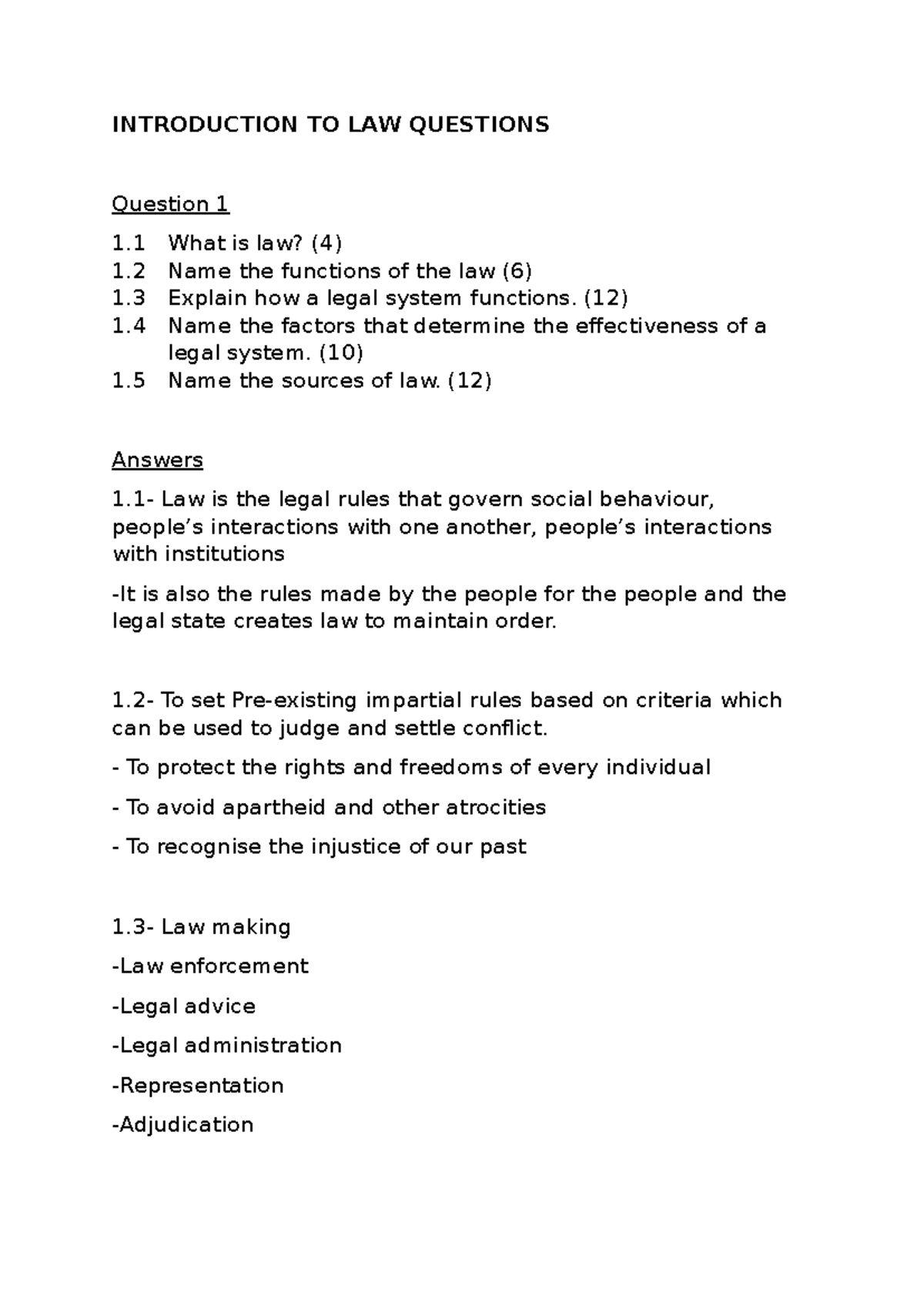 Introduction to Law: Short Questions and Answers (L202) - Studocu