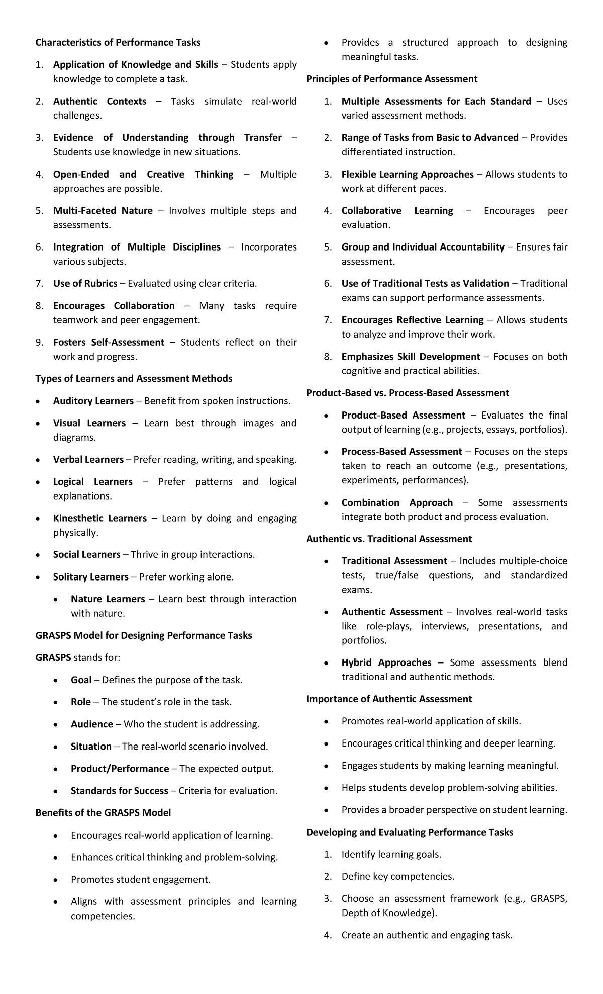 Assessment Learning 2: Characteristics of Performance Tasks and Methods ...