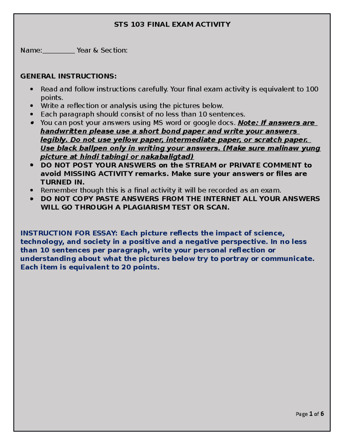 STS Sample Final EXAM - Science Technology and Society - DHVSU - Studocu