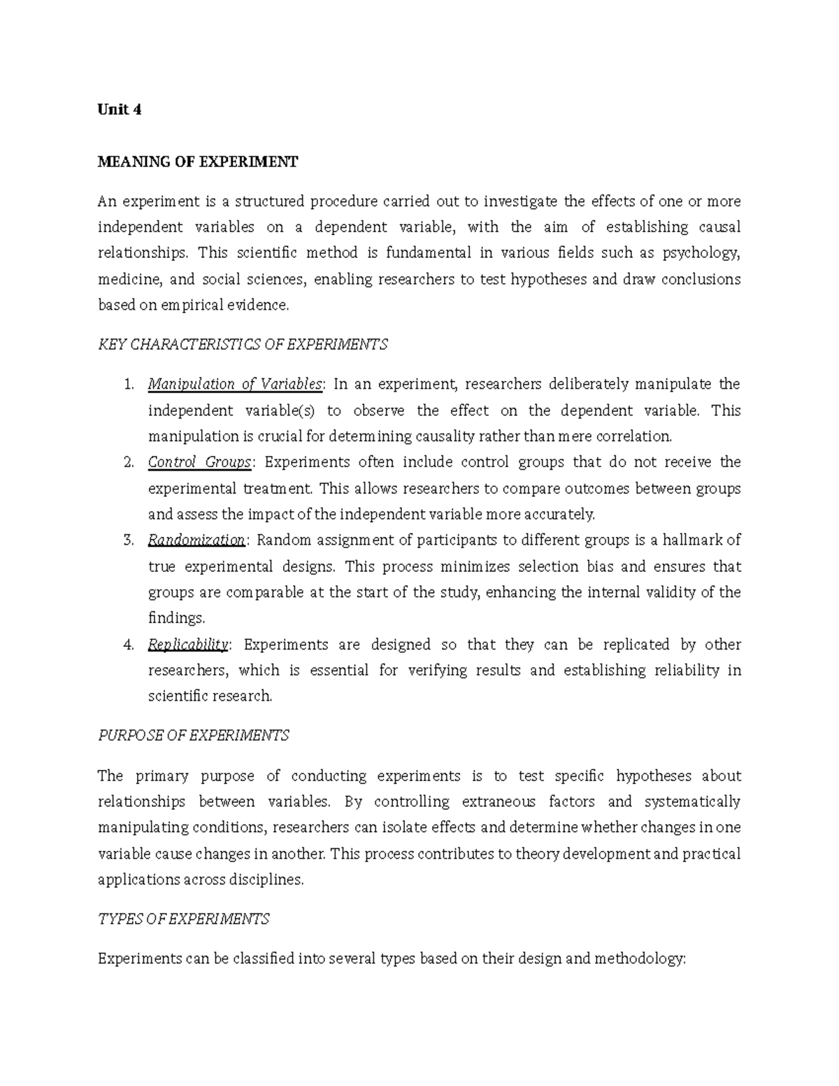 Unit 4: Understanding Experiments in Research Methods - Studocu