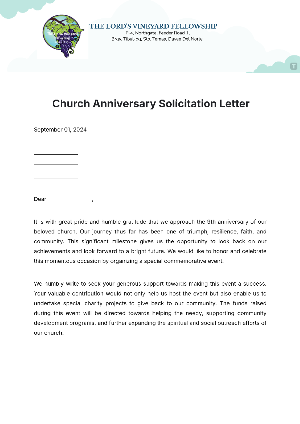 Free Church 9th Anniversary Solicitation Letter - Studocu