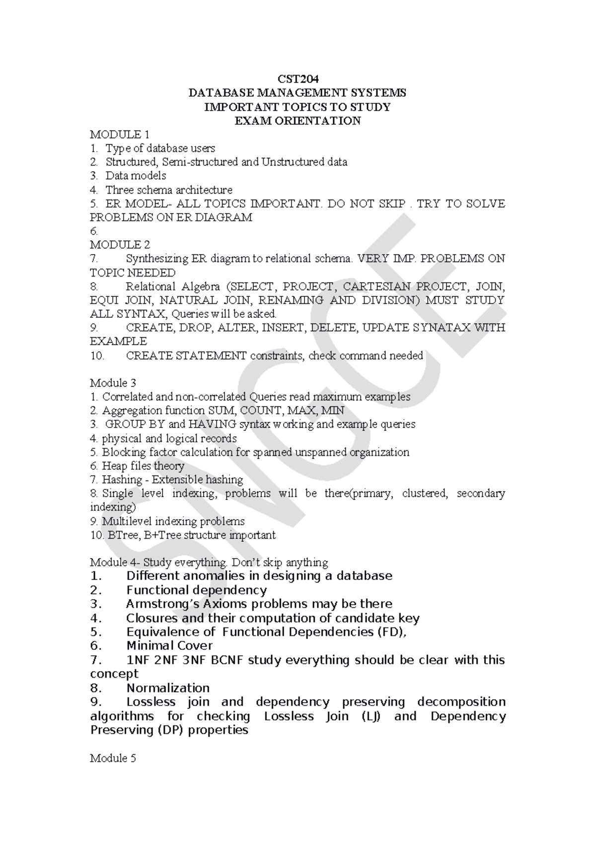 CST204 DATABASE MANAGEMENT SYSTEMS: KEY STUDY TOPICS FOR EXAM - Studocu