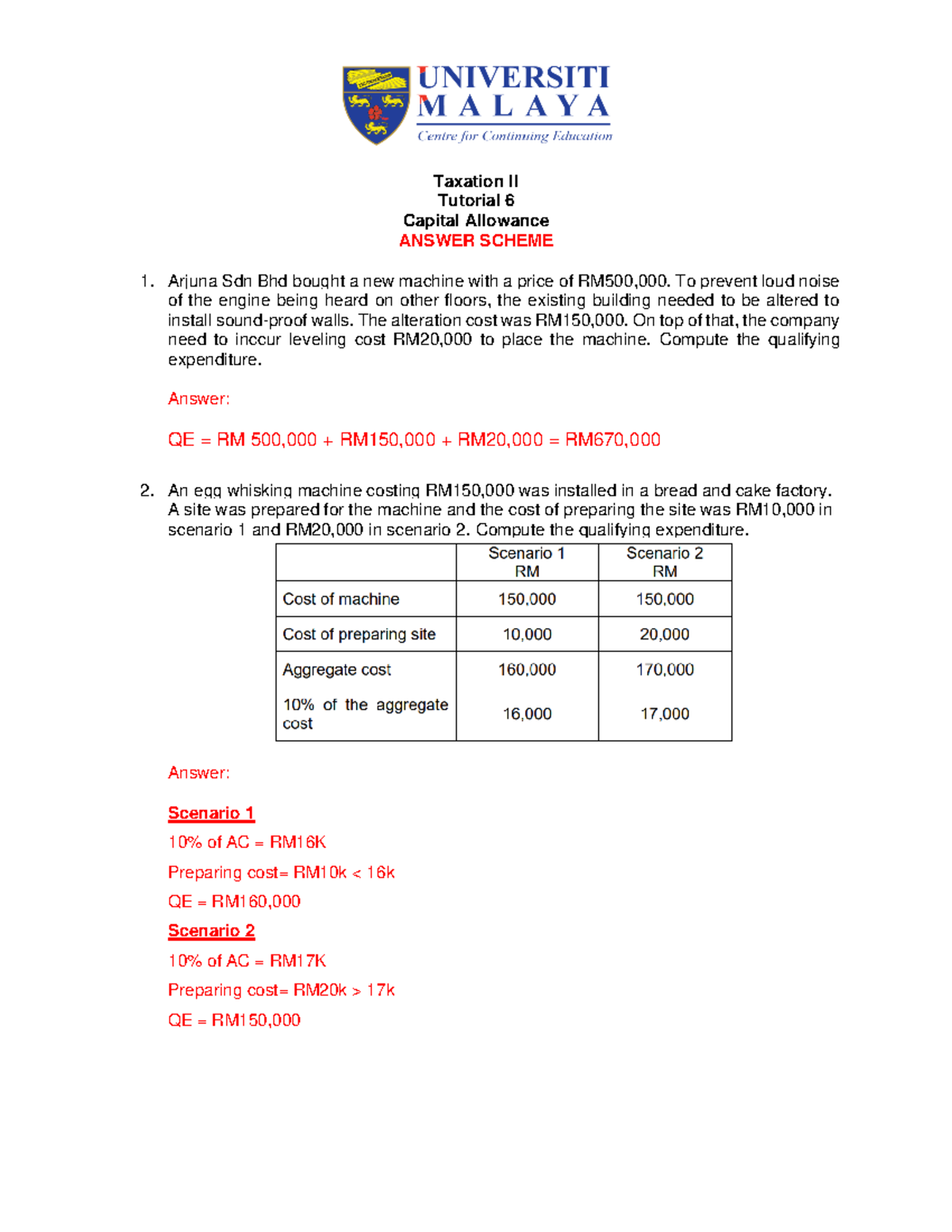 Taxation II Tutorial 6: Capital Allowance Computation Guide - Studocu