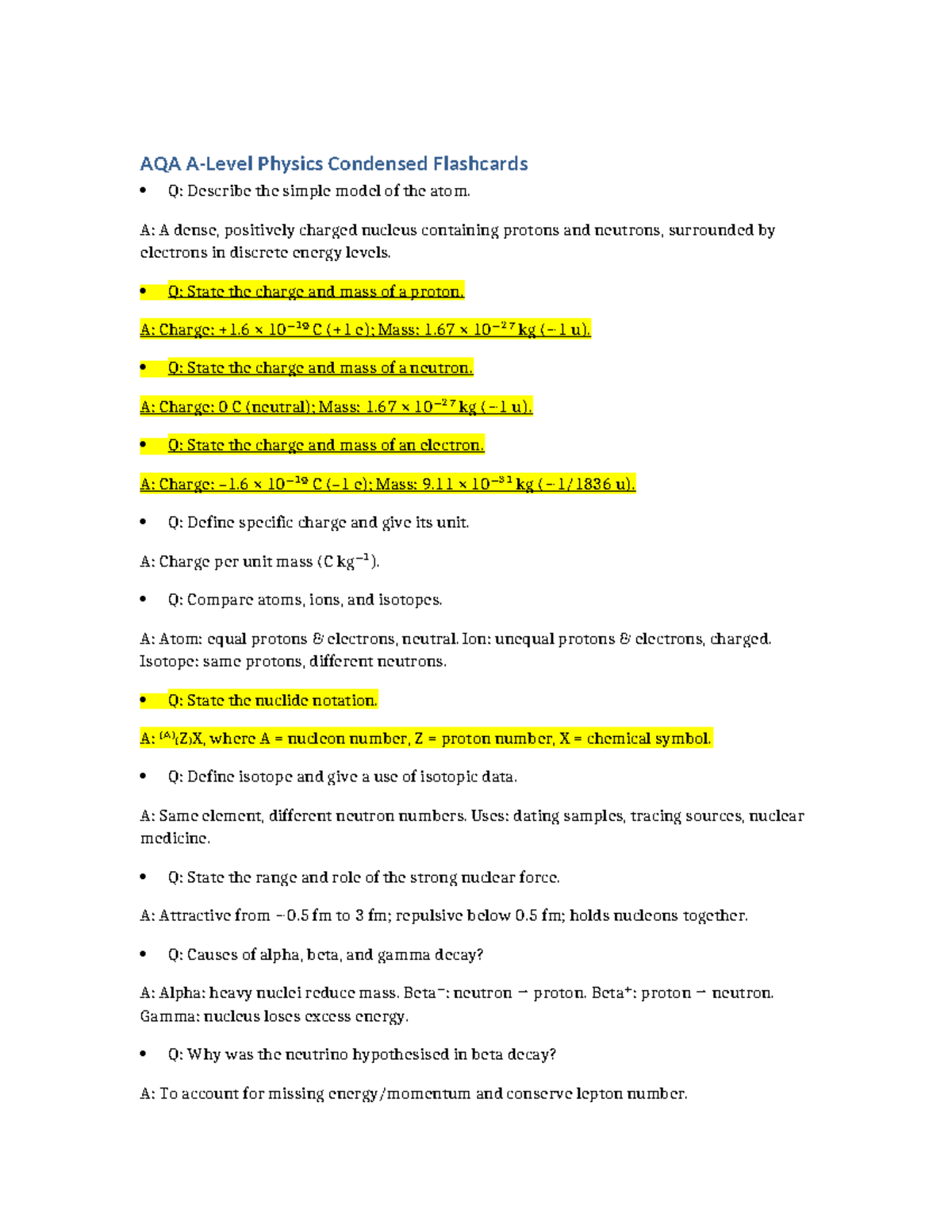 AQA A Level Physics Flashcards: Atom Structure & Fundamental Forces ...
