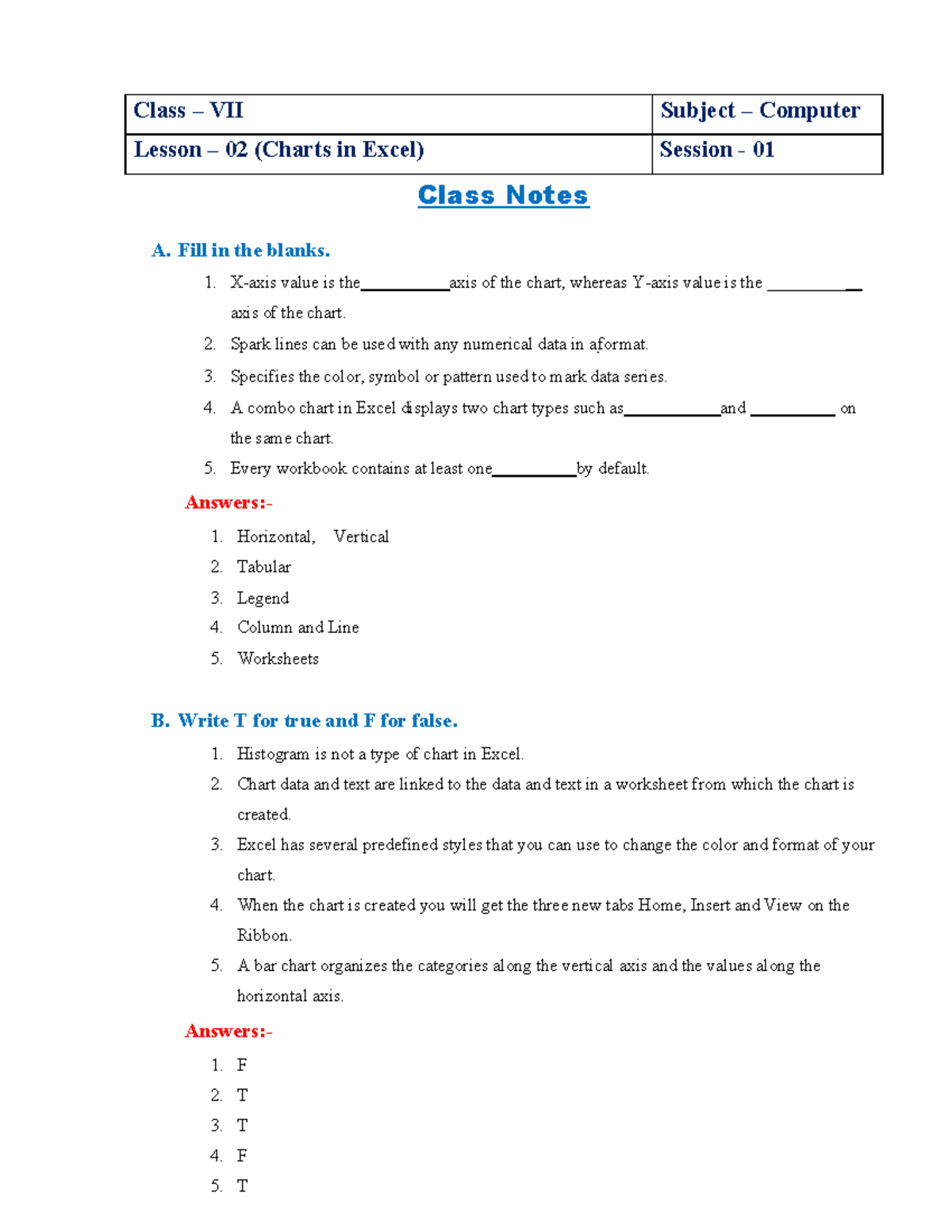 Class VII Computer Lesson 02 (Excel Charts) Session 01 Notes - Studocu