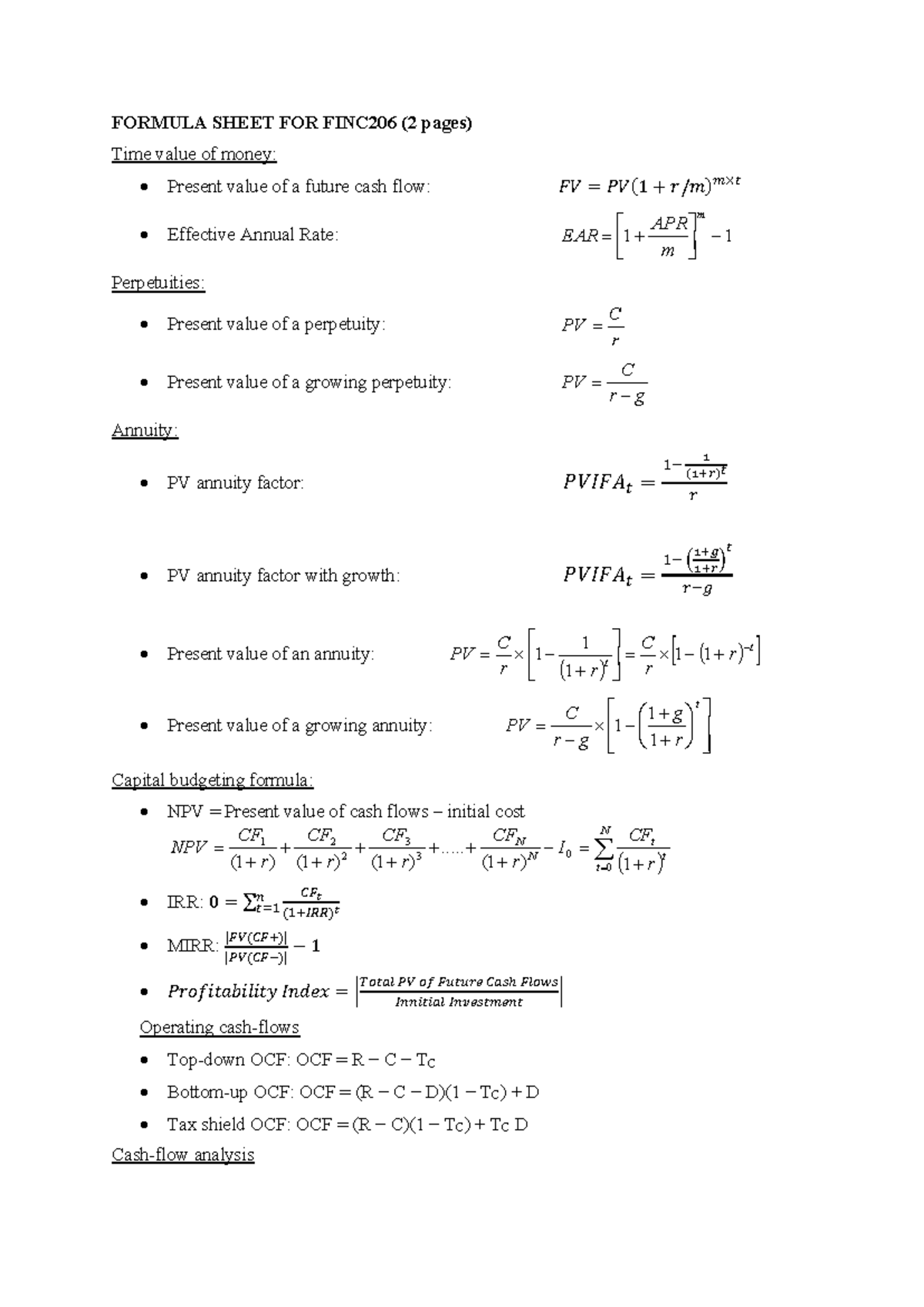 FINC206 Formula Sheet - FORMULA SHEET FOR FINC 206 ( 2 pages) Time ...