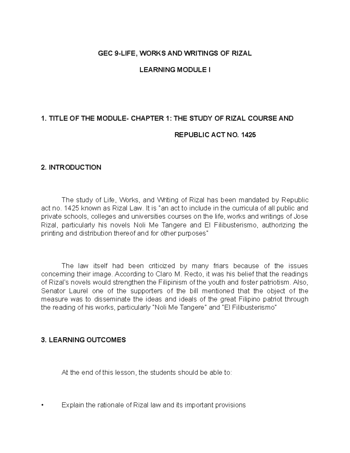 GEC 9 Module 1 - The Life and Works of Rizal - GEC 9-LIFE, WORKS AND WRITINGS OF RIZAL LEARNING ...