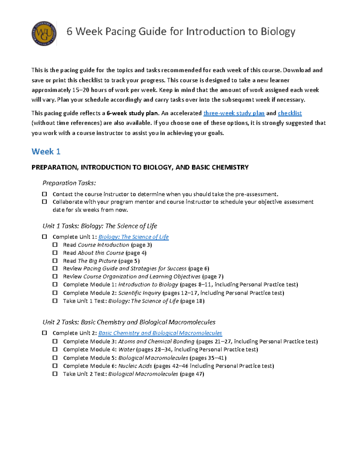 6wk pacing-guide - Pacing guide fo 6 week study plan for Intro to Bio C ...