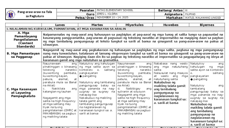 Newformat Filipino 3 Q3 Week 2 Lesson Plan and Activities - Studocu