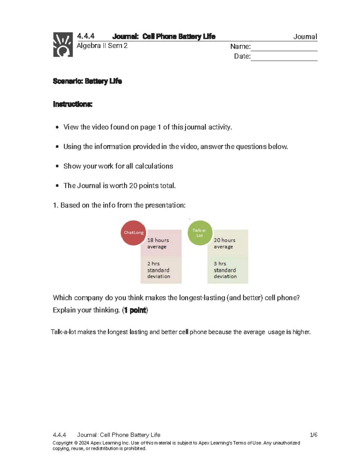 Algebra II Sem 2 Journal: Analyzing Cell Phone Battery Life Data - Studocu