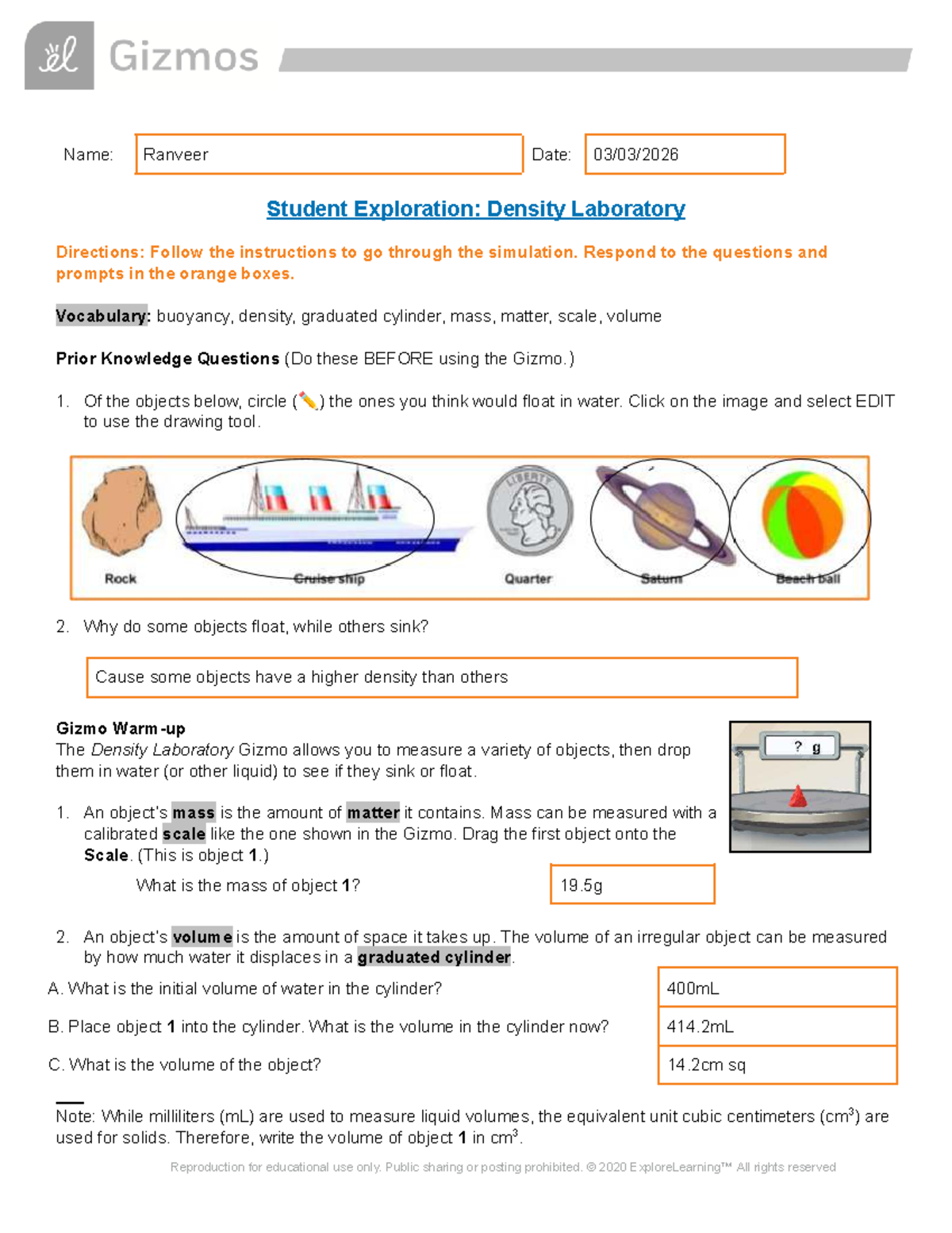 Density Lab SE - Gizmos Answer Key and Exploration Guide - Studocu