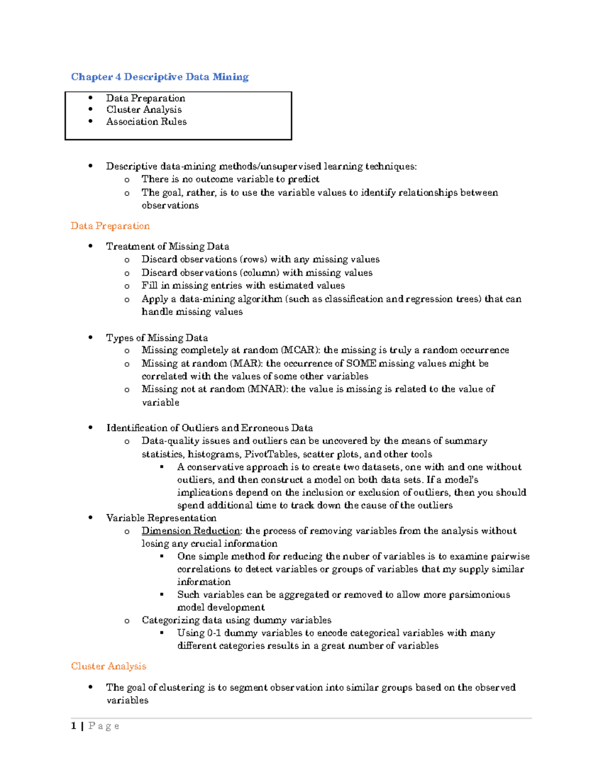 Chapter 4 Class Notes: Data Preparation, Cluster Analysis & Association ...