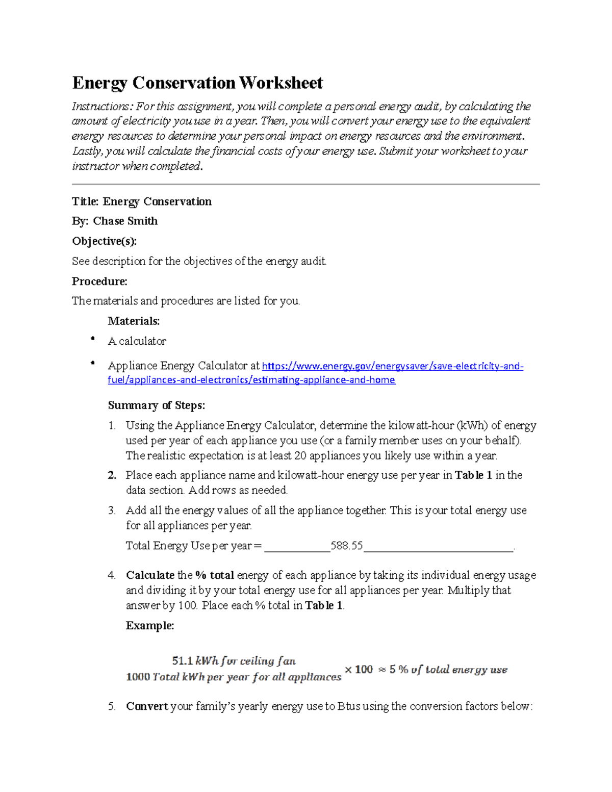 Energy Conservation Worksheet: Personal Audit and Cost Analysis - Studocu