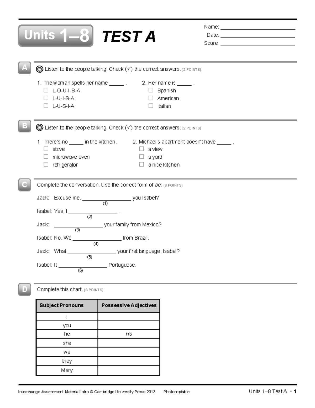 Units A Test A 2: Spanish Language Listening & Conversation Skills ...
