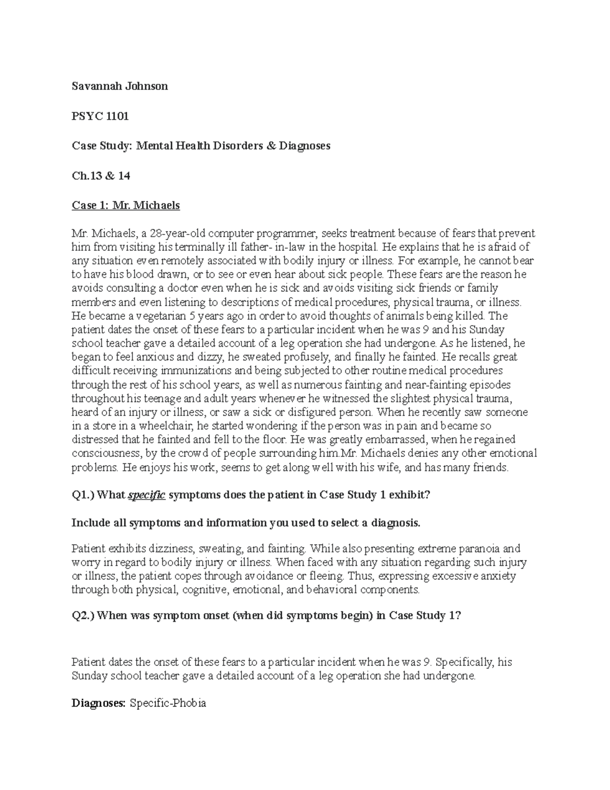 Case Study - Mental health Disorders Diagnoses - Savannah Johnson PSYC 1101 Case Study: Mental ...