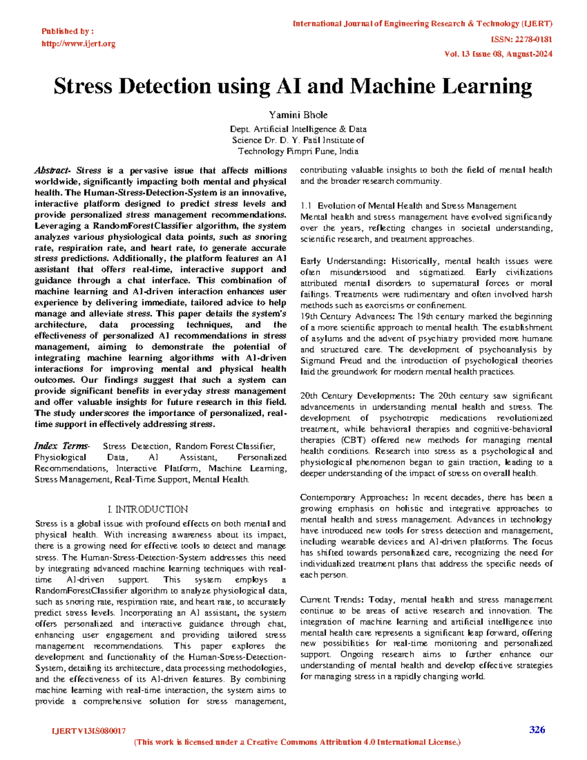 Stress Detection Using AI & ML: IJERT Vol. 13 Issue 08 - Studocu