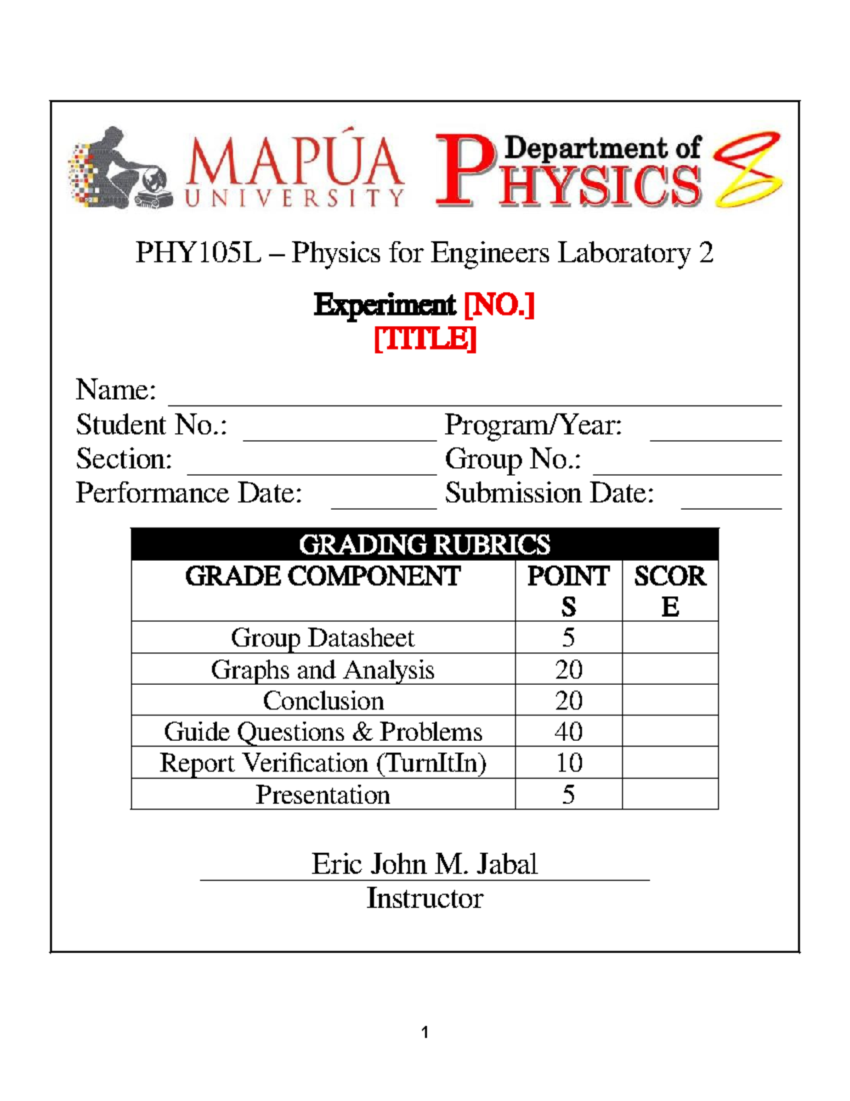 PHY105L Individual Lab Report Template for Experiment 2 - Studocu