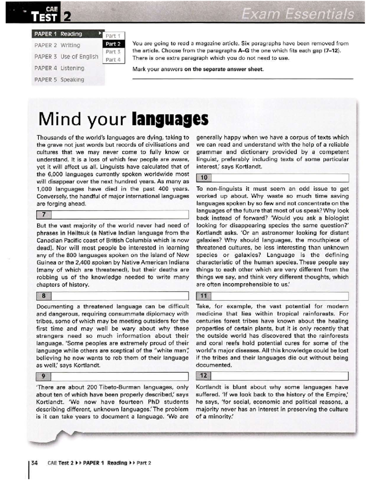 CAE TEST 2 Exam Essentials: Gapped Text for Reading Part 1 - Studocu