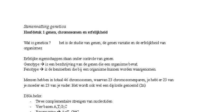 Samenvatting Genetica Hoofdstuk 1-4: Genen, Chromosomen en Erfelijkheid ...