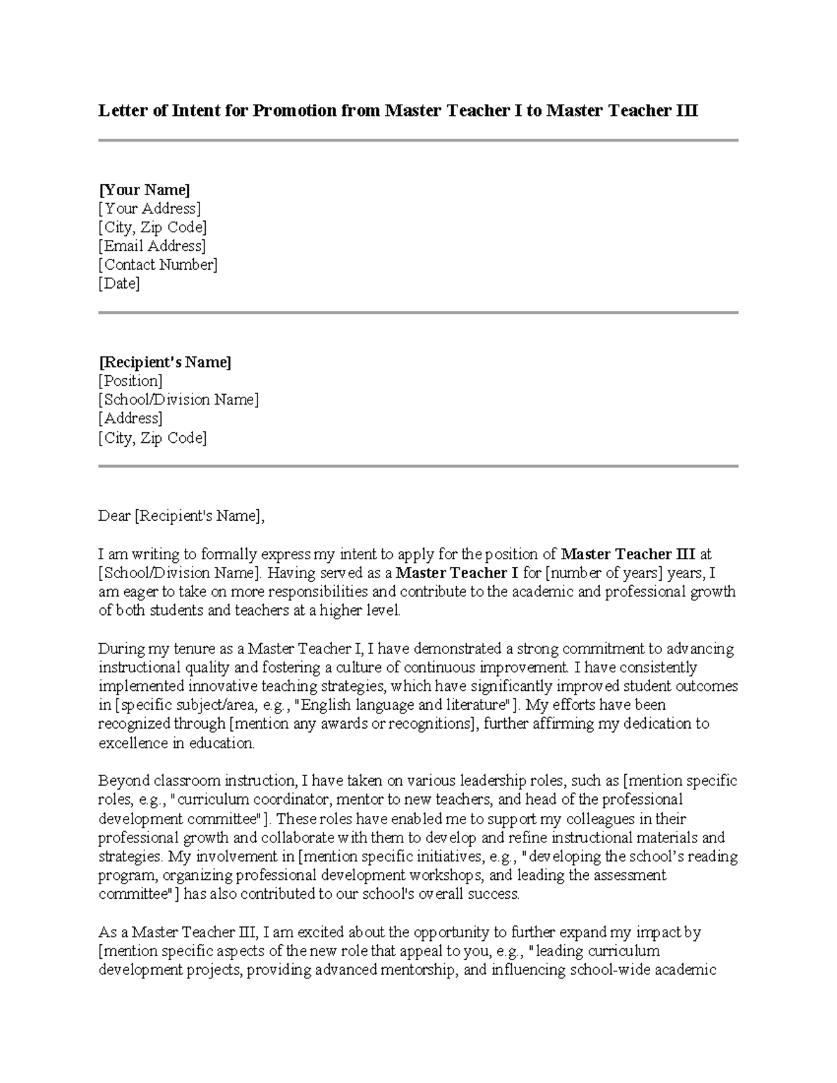 Letter of Intent for Promotion to Master Teacher Position - Studocu