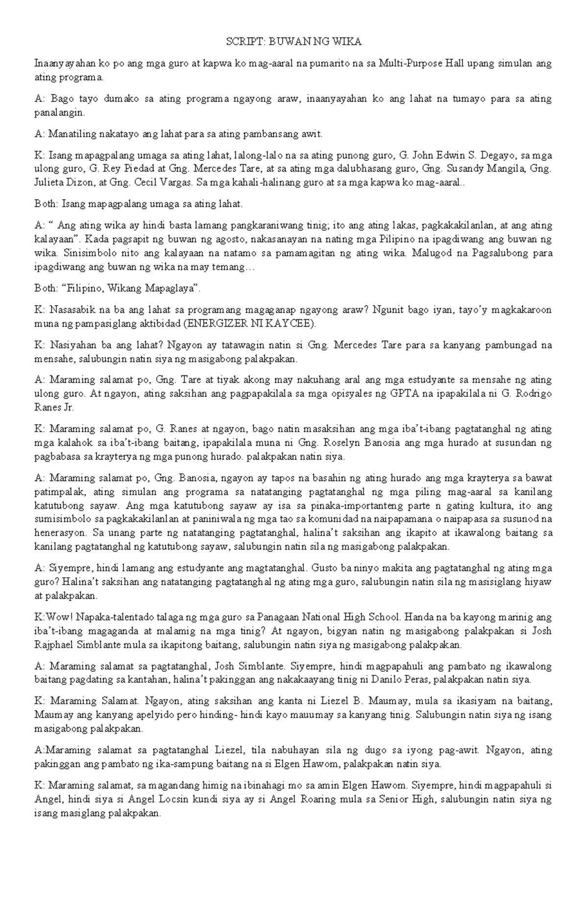 Buwan ng Wika Script: Kulminasyon sa Multi-Purpose Hall - Studocu