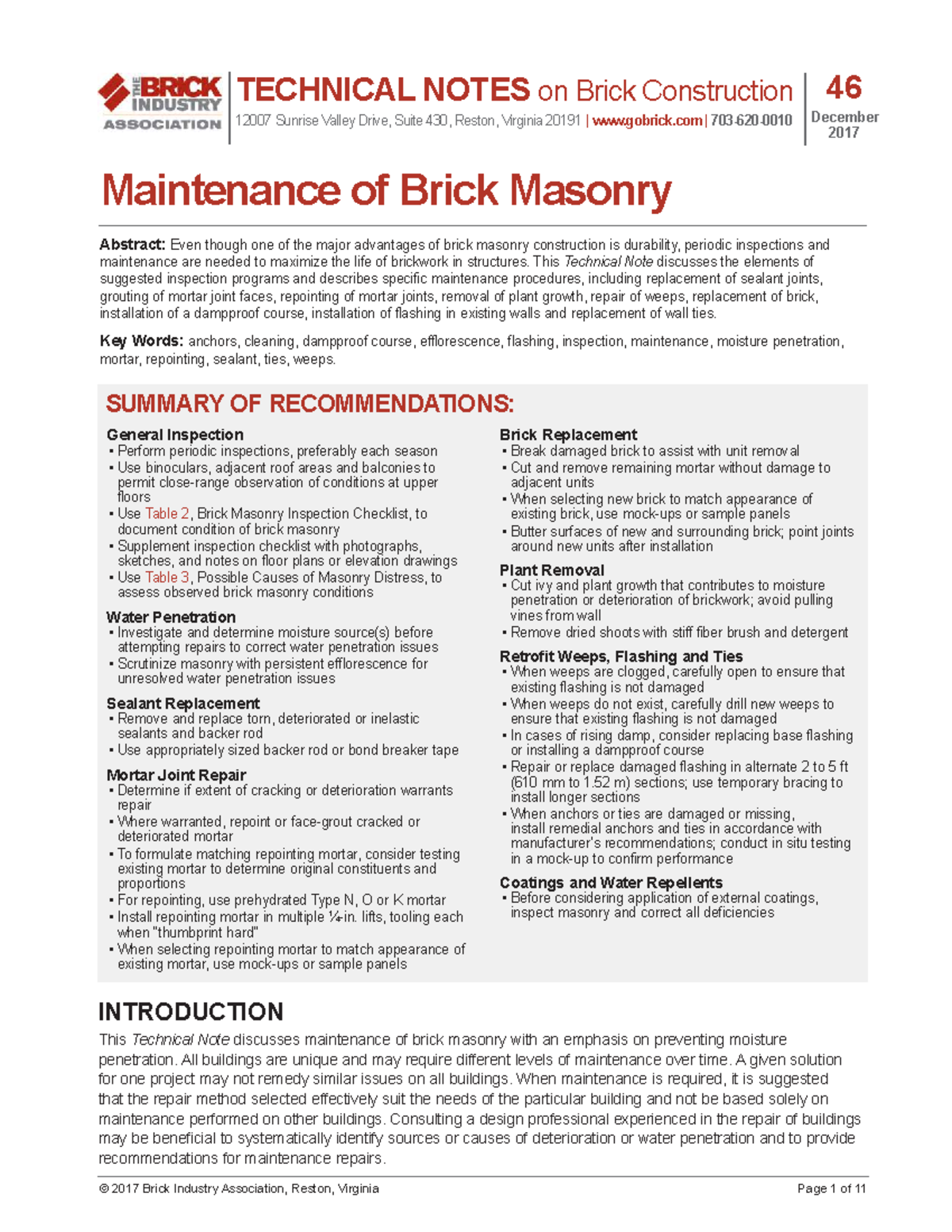 46 maintenance of brick masonry - © 2017 Brick Industry Association ...