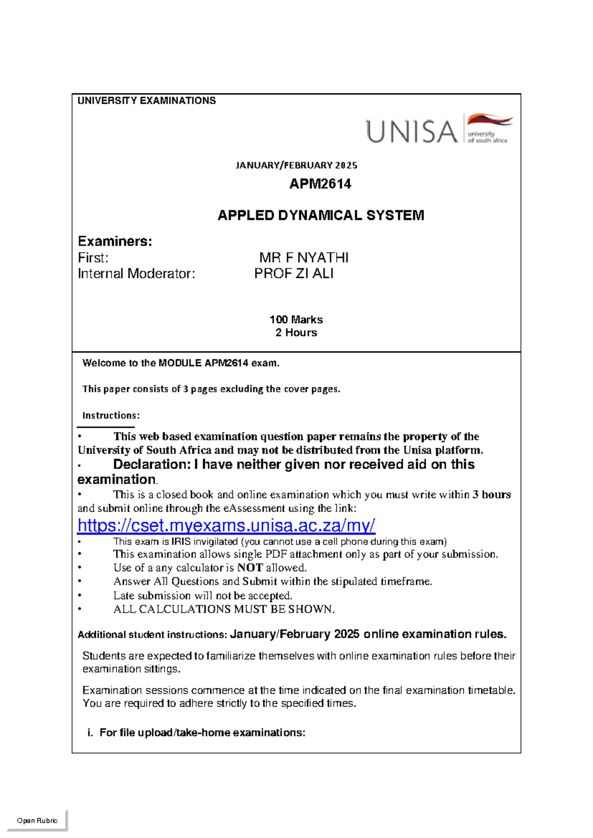 APM 2614 Jan Feb 2025 Examination paper 1.pdf, (1) - UNIVERSITY ...