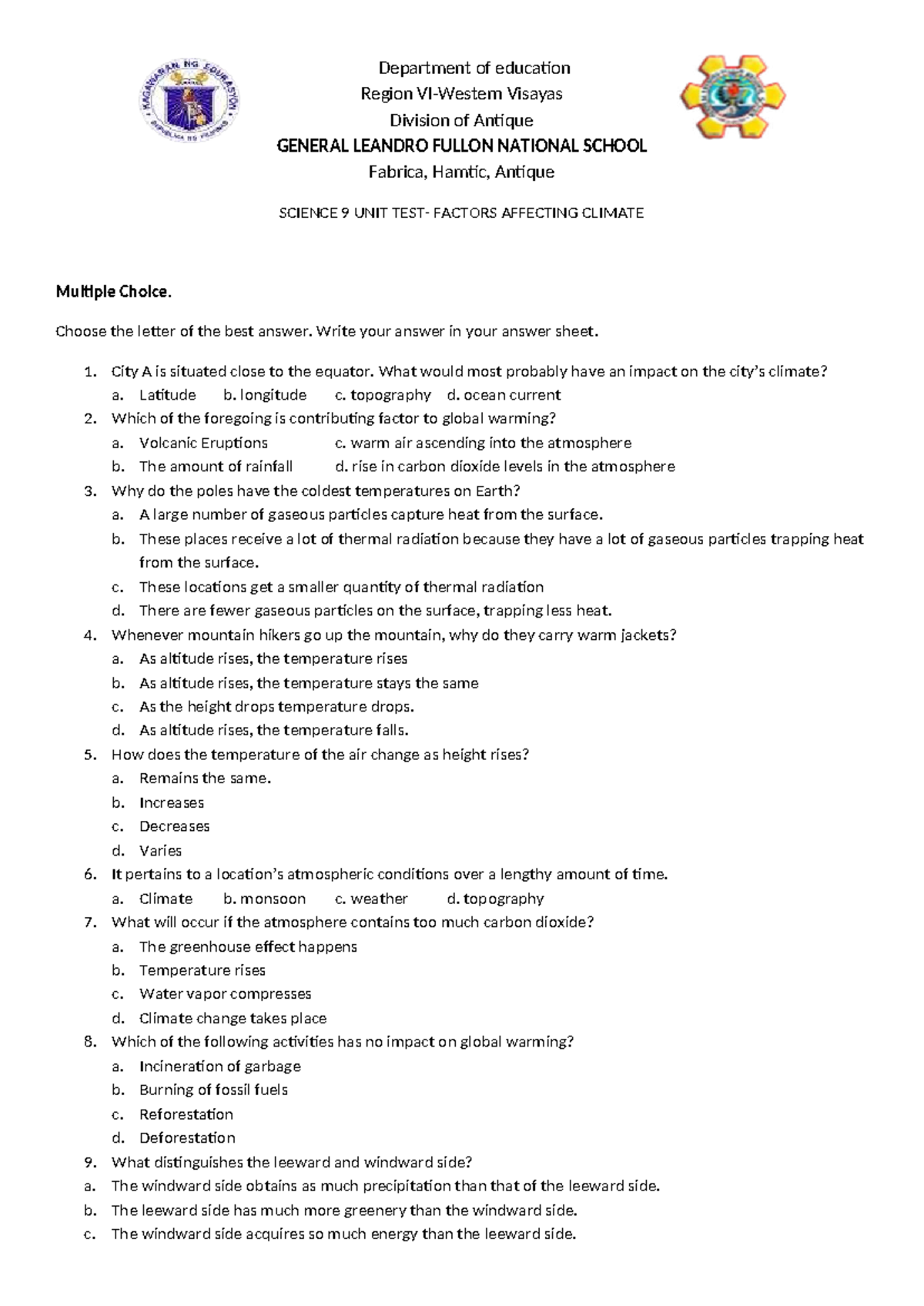 SCI 9 Unit Test: Factors Affecting Climate - Multiple Choice - Studocu