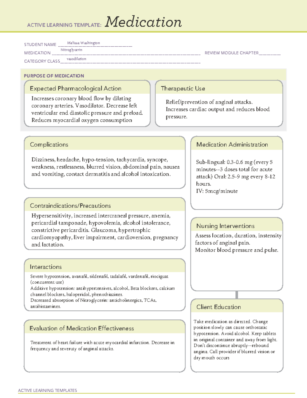 Medication Template: Active Learning for Nitro (NTG) - Medsheet - Studocu