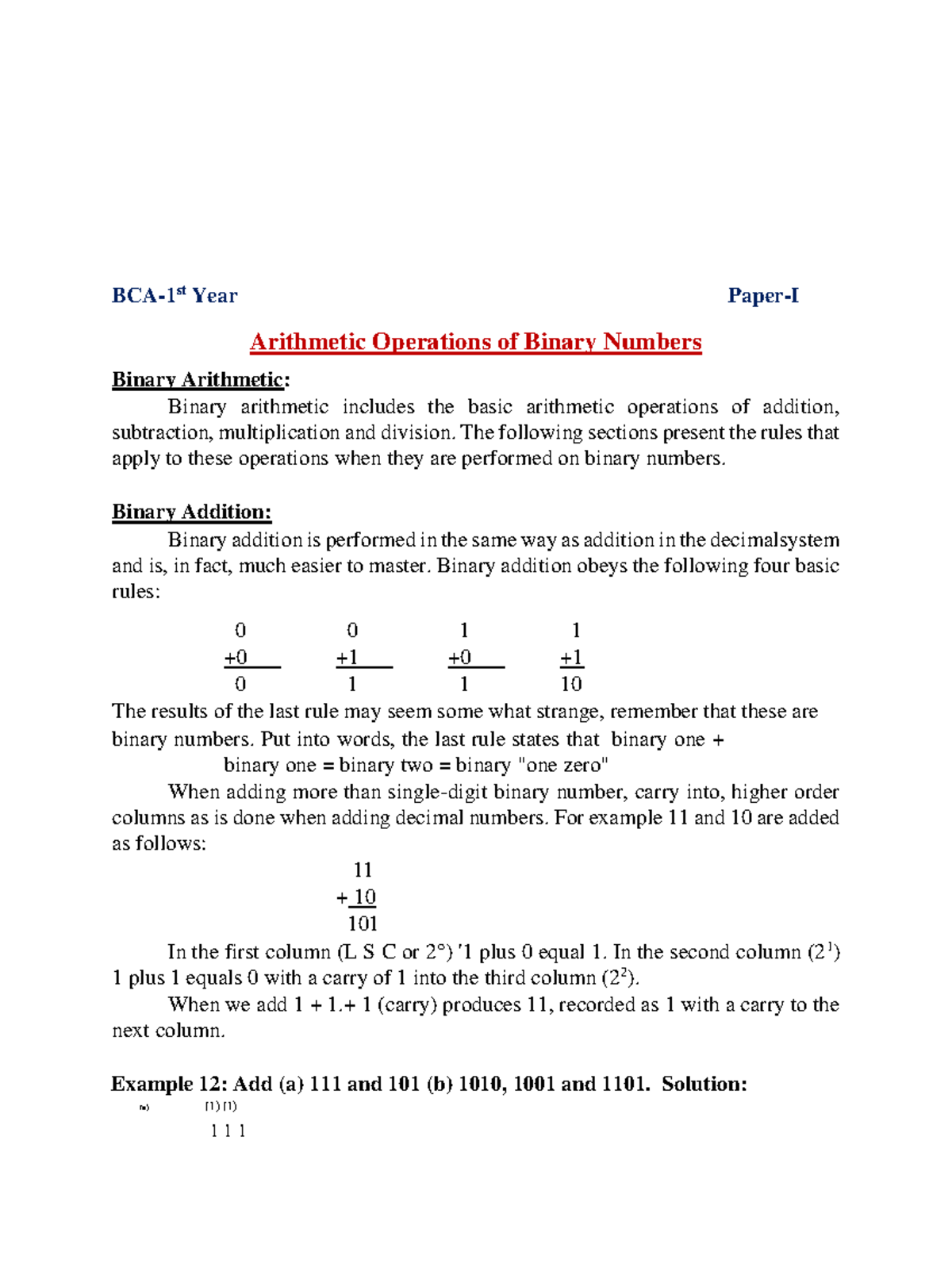 BCA-1st Year Paper-I: Binary Arithmetic Operations Explained - Studocu