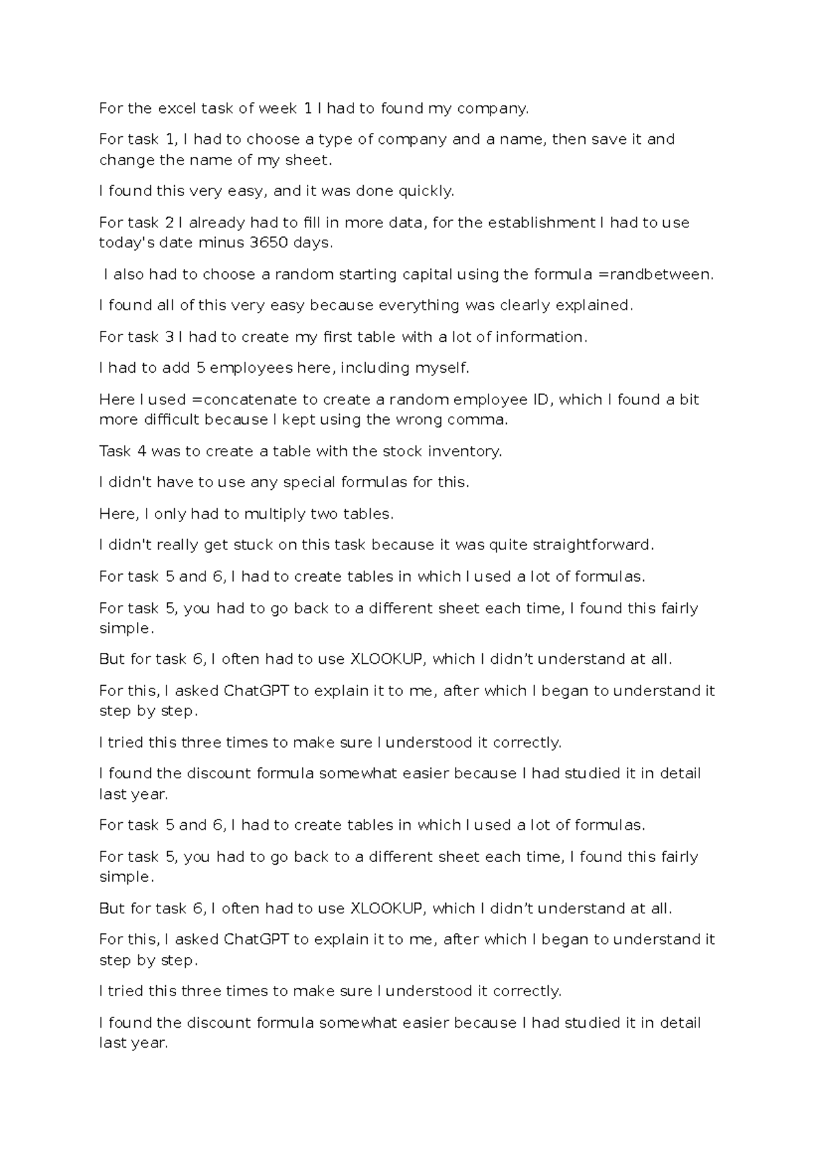 Week 1 Excel Task Report: Company Creation & Formulas - Studocu