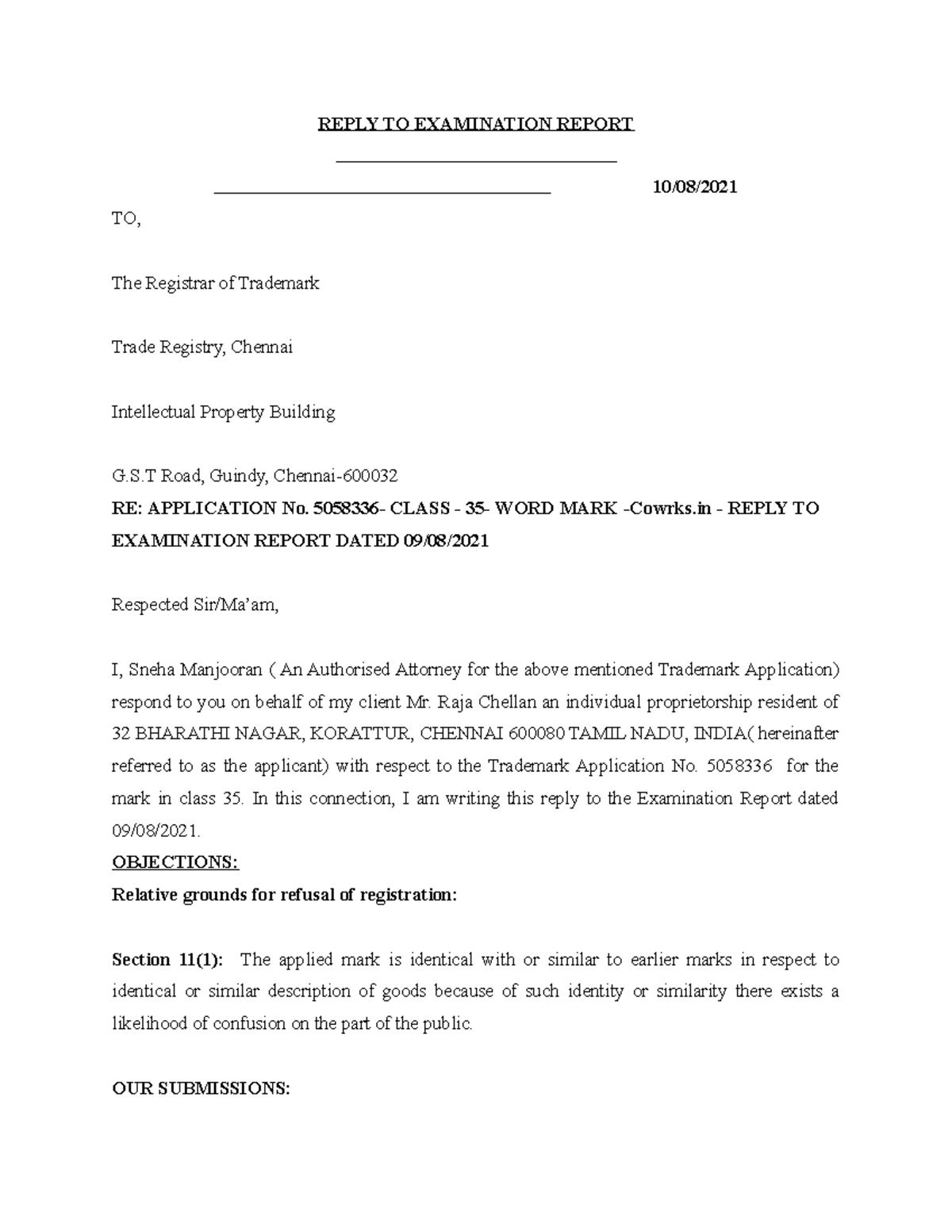 Reply to Examination Report for Trademark Application No. 5058336 - Studocu
