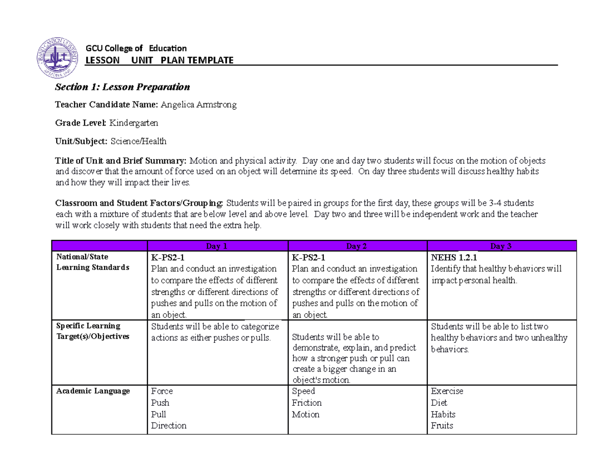 Benchmark Topic 7 Lesson Plan: Motion & Healthy Habits by A. Armstrong ...