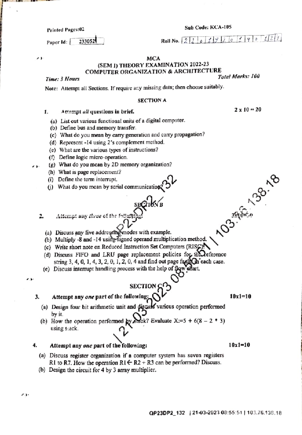 MCA (SEM I) COA Previous Year Question Paper - 100 Marks - Studocu