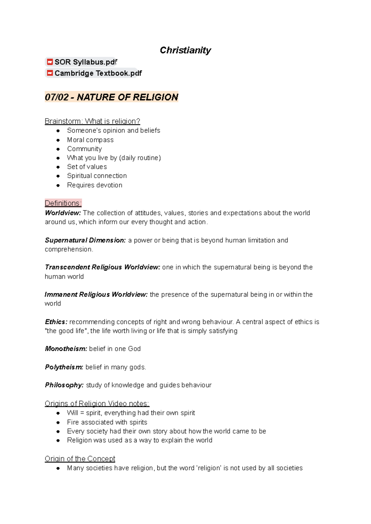 Preliminary SOR I Notes: Understanding Christianity and Religion - Studocu