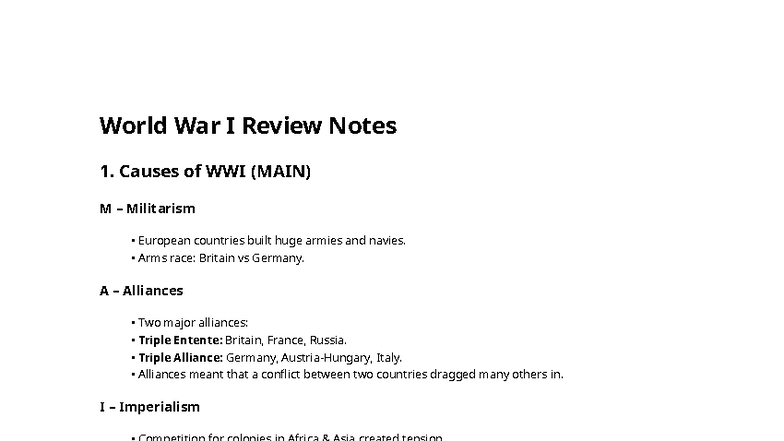 World War I Review Notes: Causes, Battles, and Canadian Involvement ...