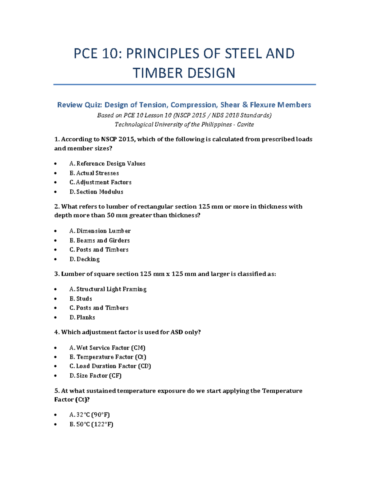 PCE 10: Timber Design Review Quiz 2 - Lesson 10 (NSCP 2015 NDS 2018 ...